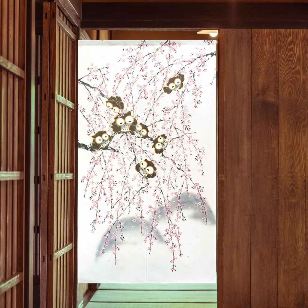 Noren Tapestry Goodwill Weeping SAKURA cherry blossoms and seven owls ...
